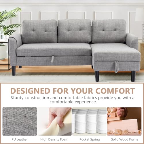 HUMEHA Convertible Sleeper Sofa, Linen Reversible Sleeper Sectional Sofa with Storage Chaise, Modern Upholstered Pull Out Sofa Bed, L Shaped Sofa Couch for Living Room Bedroom, Light Gray