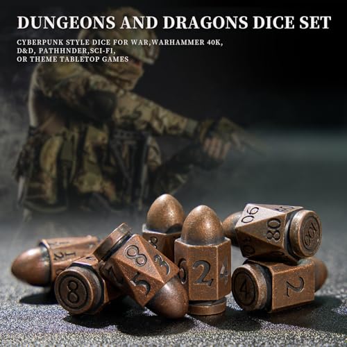 Bullet Brass Dice for Dungeons and Dragons - Solid Metal Polyhedral D&D Dice Set for MTG, RPG, Tabletop Games, Warhammer 40K, Shadowrun
