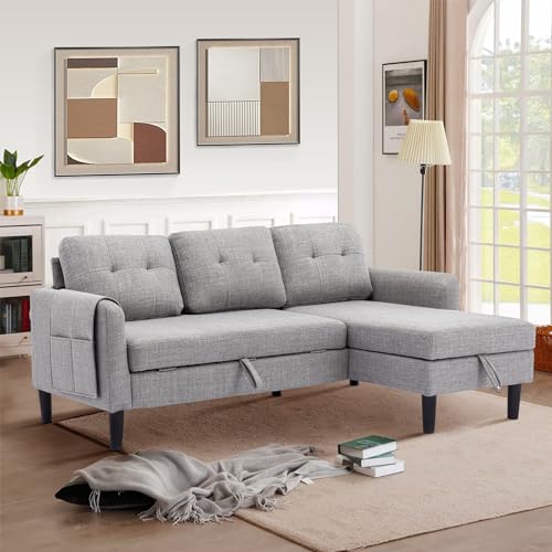HUMEHA Convertible Sleeper Sofa, Linen Reversible Sleeper Sectional Sofa with Storage Chaise, Modern Upholstered Pull Out Sofa Bed, L Shaped Sofa Couch for Living Room Bedroom, Light Gray