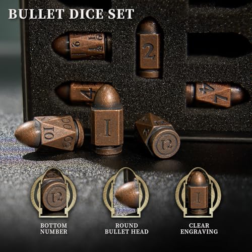 Bullet Brass Dice for Dungeons and Dragons - Solid Metal Polyhedral D&D Dice Set for MTG, RPG, Tabletop Games, Warhammer 40K, Shadowrun