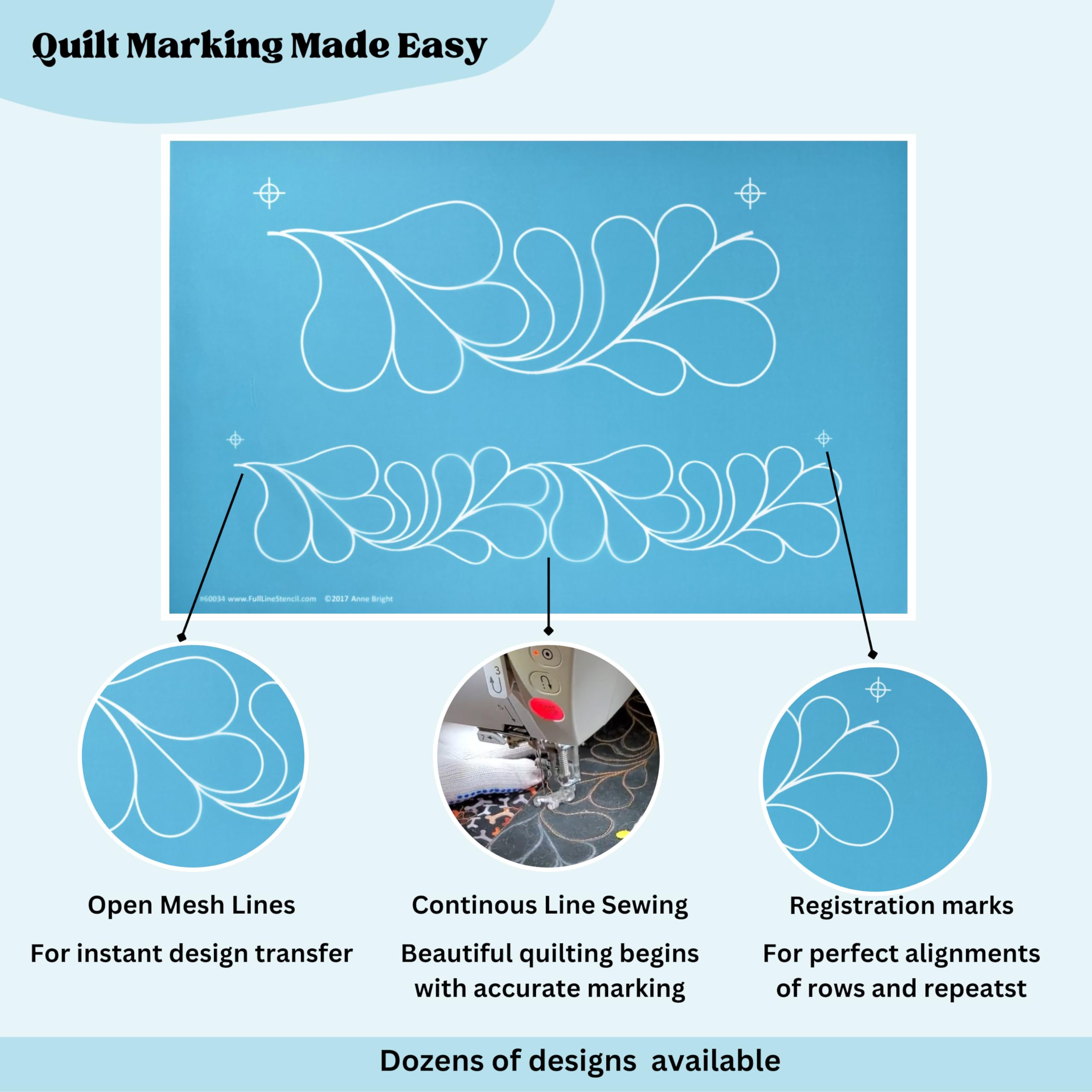 Full Line Stencil- Feather Border Stencil - Continuous Line Template for Free Motion Quilting, Domestic Machine Quilting, Hand Quilting, Long-Arm Quilting (60034)
