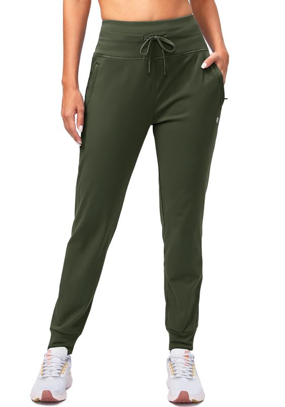 G Gradual Women's Fleece Lined Joggers High Waisted Water Resistant Thermal Winter Sweatpants Running Hiking Pockets(Olive, L)