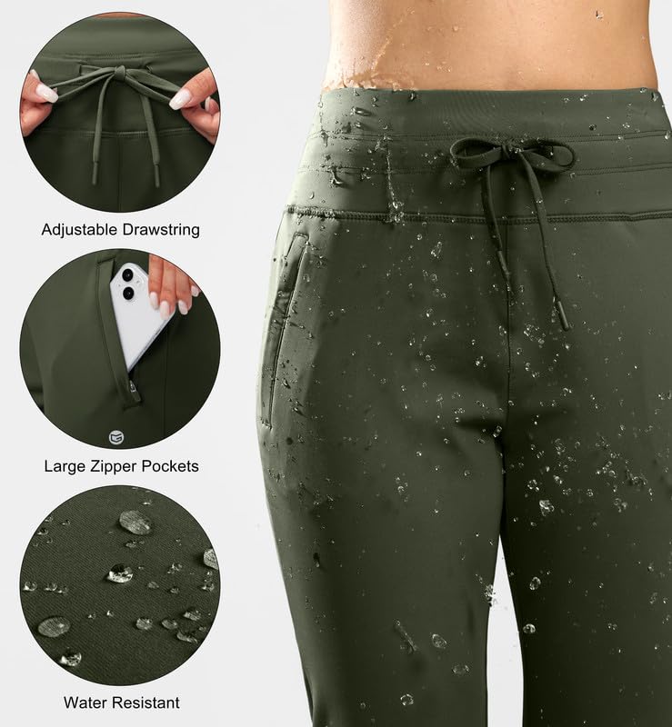 G Gradual Women's Fleece Lined Joggers High Waisted Water Resistant Thermal Winter Sweatpants Running Hiking Pockets(Olive, L)