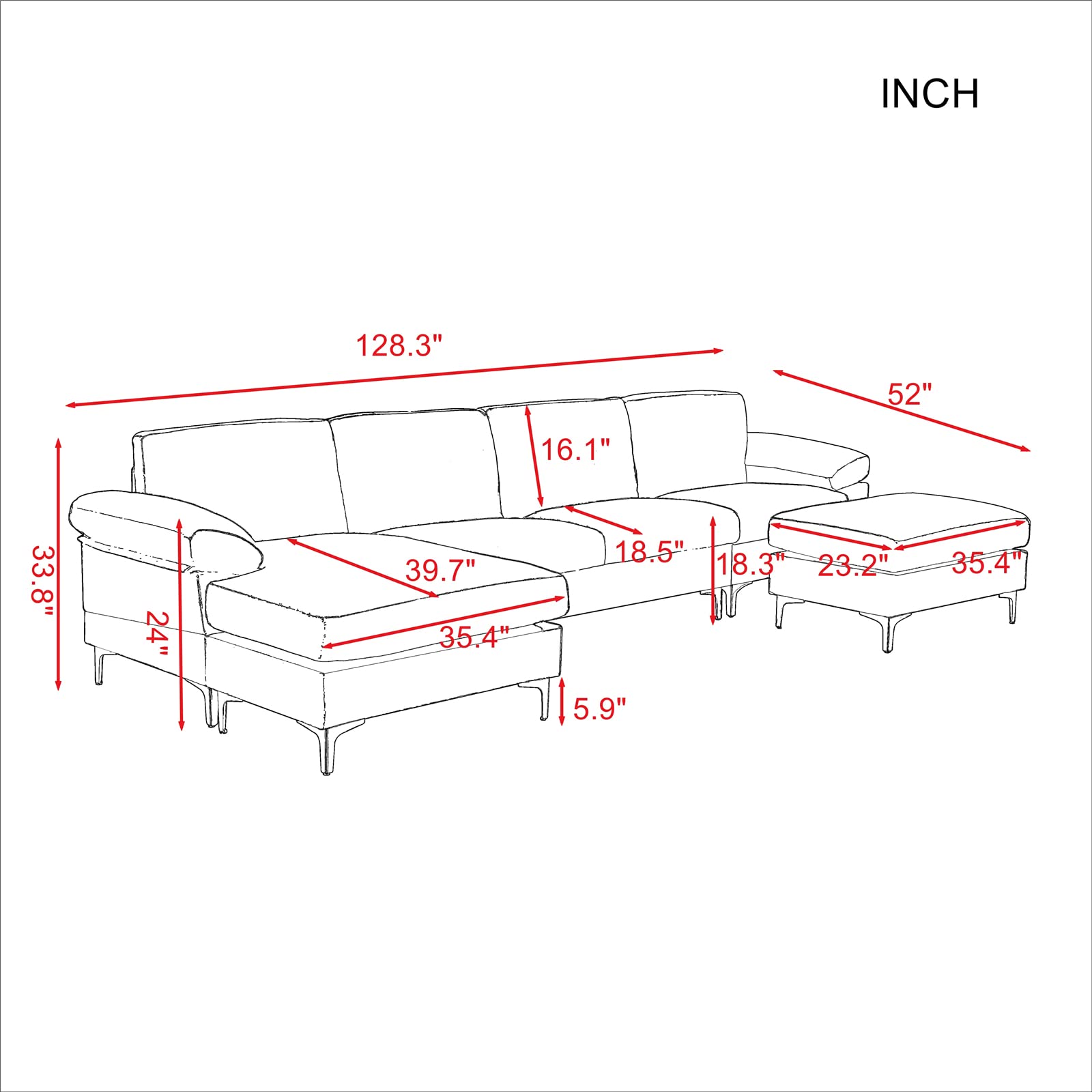 Knowlife Modern Corner Sectional Futon Sofa with Removable Cushions and Ottomans Convertible Sofa Couch for Living Room, 128”L (Dark Grey)