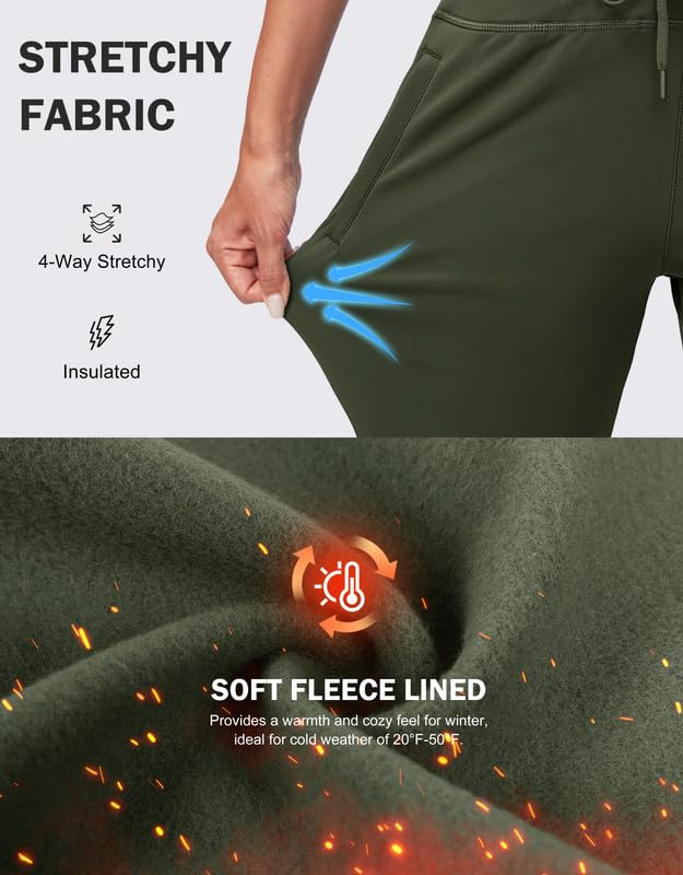 G Gradual Women's Fleece Lined Joggers High Waisted Water Resistant Thermal Winter Sweatpants Running Hiking Pockets(Olive, L)