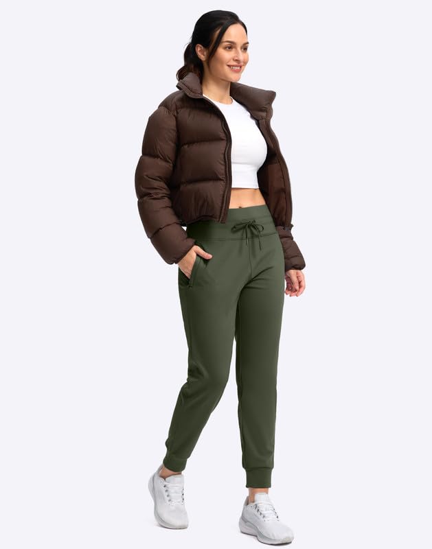 G Gradual Women's Fleece Lined Joggers High Waisted Water Resistant Thermal Winter Sweatpants Running Hiking Pockets(Olive, L)