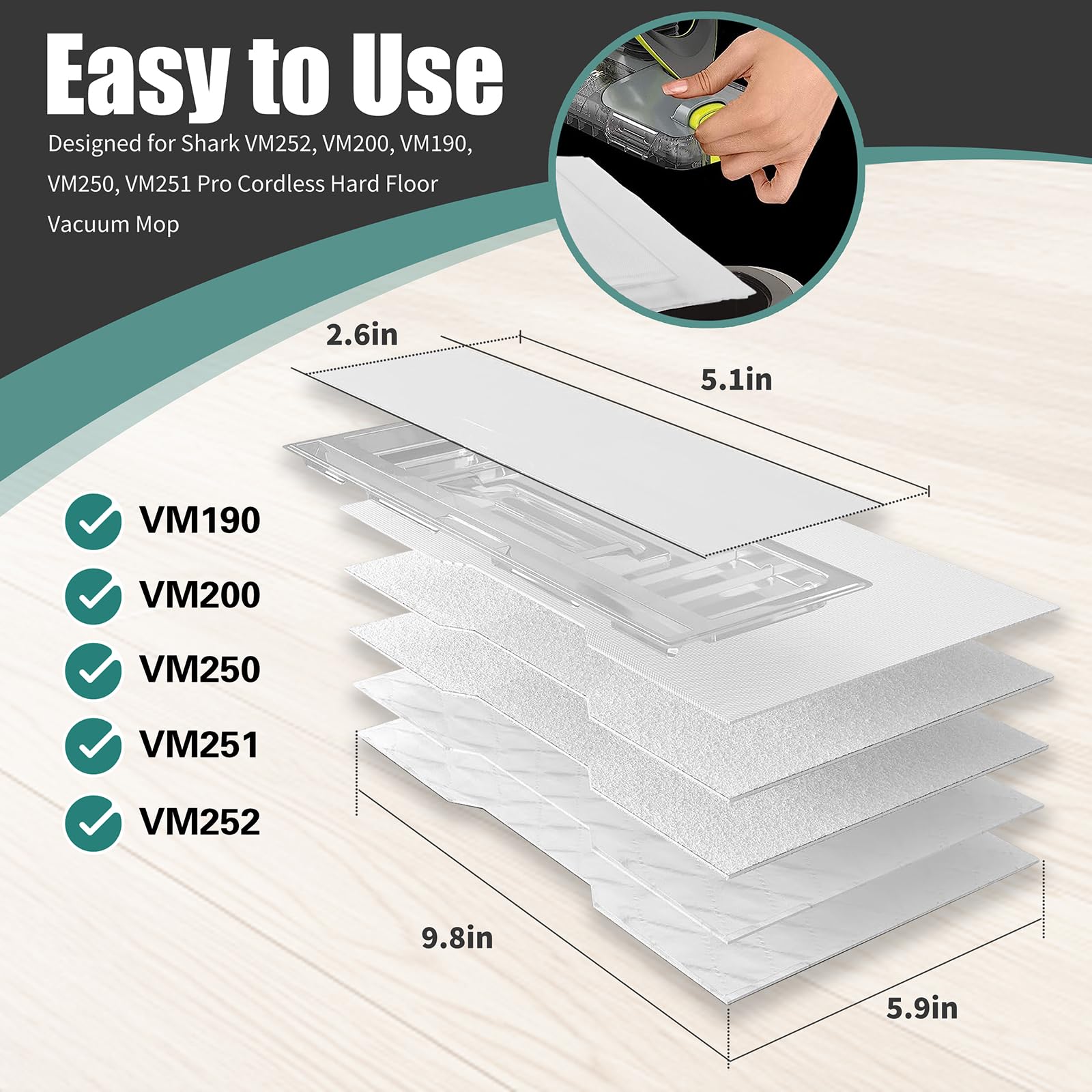 EGR 22 Pack Vacmop Pads Refills for Shark, Disposable Vacmop Replacement Pads Compatible with Shark Vacmop VM252 VM251 VM200 VM190 VM250 VC205 Vacuum Mops