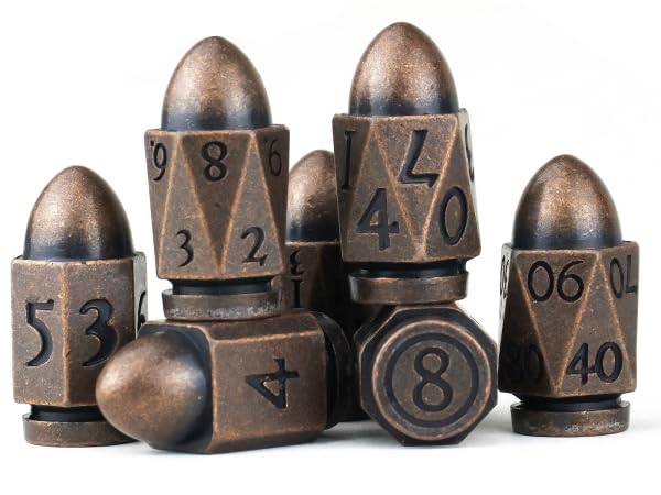 Bullet Brass Dice for Dungeons and Dragons - Solid Metal Polyhedral D&D Dice Set for MTG, RPG, Tabletop Games, Warhammer 40K, Shadowrun