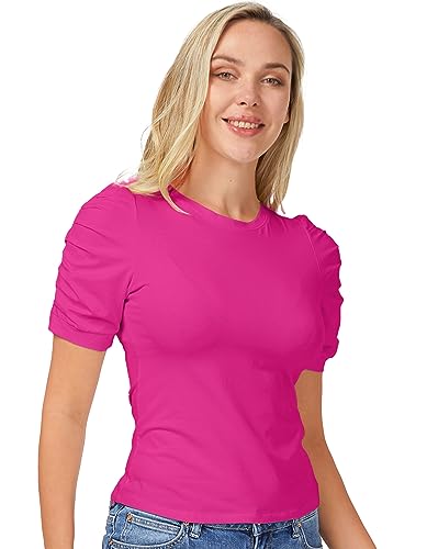 SDEER Puff Sleeve Tops for Women, Basic Scoop Neck T-Shirt Short Sleeve Slim Fit Shirts Tops Rose Red