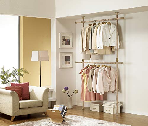 PRINCE HANGER Rack Heavy Duty One Touch System Load 352LBS Clothing Racks for Hanging Clothes Metal Wardrobe Closet Garment Rack Tension Rod Free Standing Wooden Color Width Adjustable Rack PHUS-1021