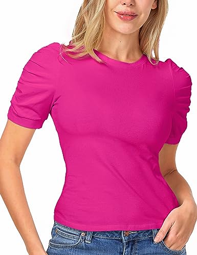 SDEER Puff Sleeve Tops for Women, Basic Scoop Neck T-Shirt Short Sleeve Slim Fit Shirts Tops Rose Red