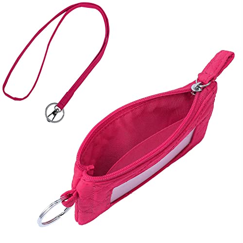 Iconic Zip ID Case Card Holder for Women,Signature Cotton Coin Purse with Id Window,RFID Blocking Change Pouch with Key Chain (Rose)