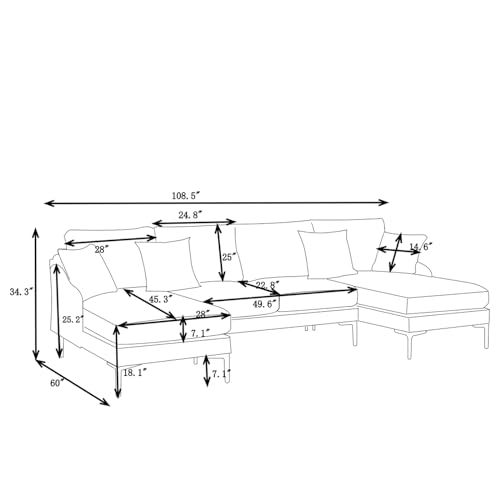 HANLIVES 108.5 Inch 4-Seat Sofa Couch,Modern Fabric U Shaped Living Room Furniture Set with 4 Throw Pillows,Upholstered 4 Seater Sectional Sleeper Sofa with Thicken Foam for Bedroom Office Apartment