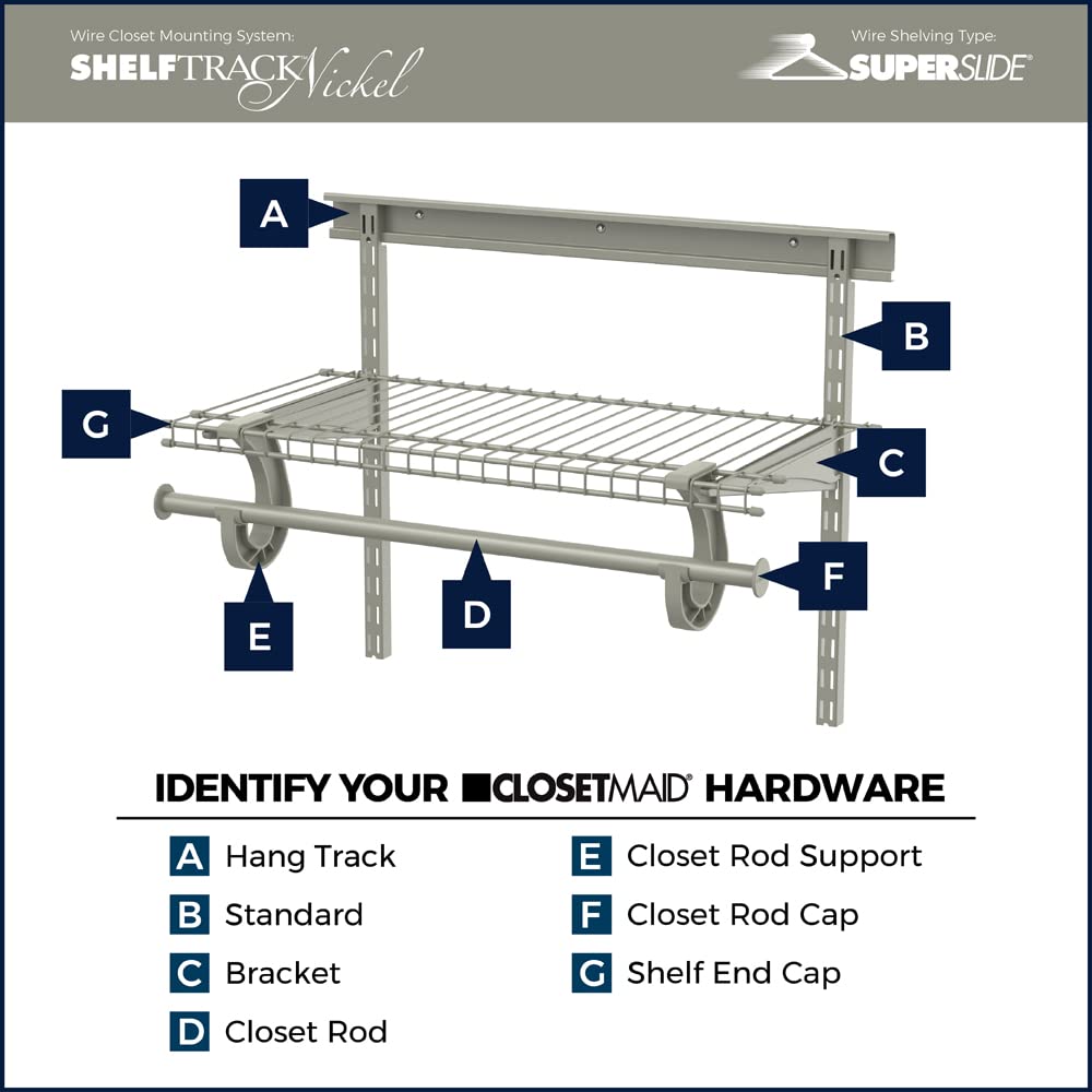 ClosetMaid ShelfTrack Nickel Standard Upright, Closet System Hardware, 48 in., Double Slot, Durable Steel for Closets, Pantries, Utility, Laundry