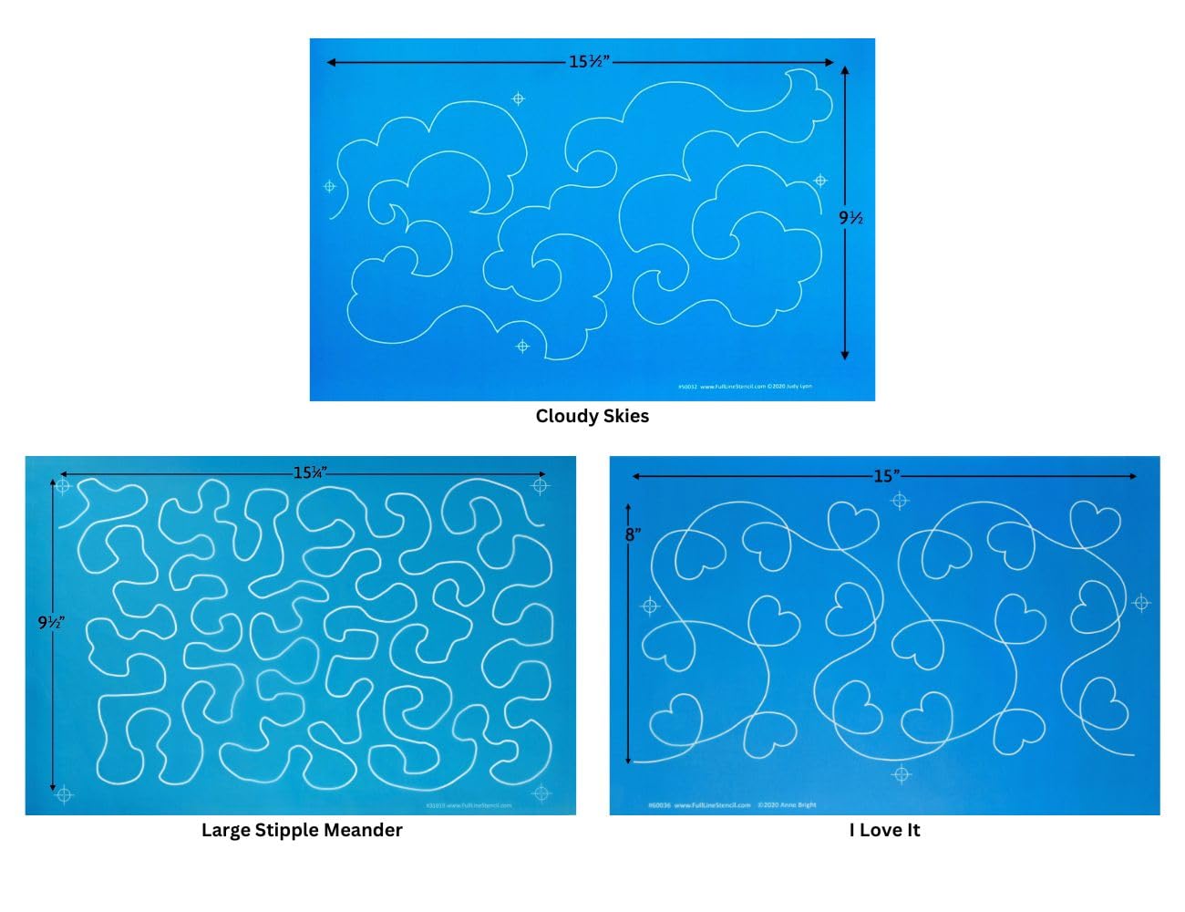 Full Line Stencil 3-Pack Edge to Edge - Cloudy Skies, Large Stipple Meander, & I Love It - Continuous Line Templates for Free Motion Quilting, Domestic Machine, Hand, Long-Arm Quilting