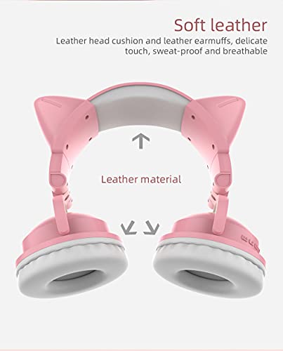 kuayang Wireless Cat Ear Headphones (7 Color Changing) with & 3.5mm Jack, Gaming Pro, Bluetooth&Wired Connection (Pink)