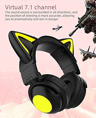 kuayang Wireless Cat Ear Headphones (7 Color Changing) with & 3.5mm Jack, Gaming Pro, Bluetooth&Wired Connection (Pink)