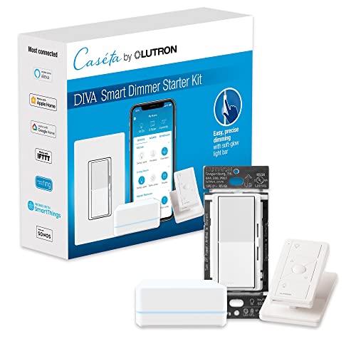 Lutron Diva Smart Dimmer Switch Starter Kit for Caséta Smart Lighting, with Smart Hub, Pico Remote, and Pedestal | No Neutral Wire Required | DVRF-BDG-1DP-A