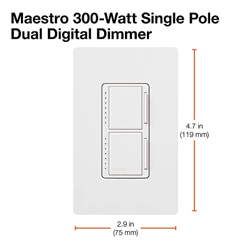 Lutron Maestro Dual Digital Dimmer Switch for Incandescent Bulbs, 300-Watt/Single-Pole, MA-L3L3-WH, White