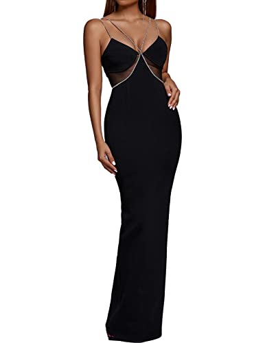 BELLA BARNETT Slip Dress with Rhinestone Classy Maxi Dress Wedding Guest Fashion Backless Dress Elegant Evening Dress Sexy Bandage Dress Formal Prom Dress Black