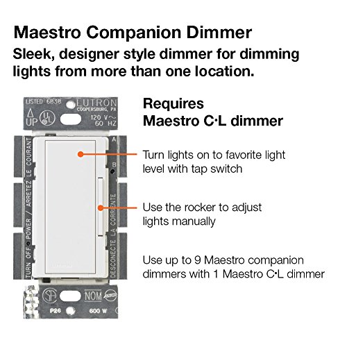 Lutron MA-R-WH Maestro Companion 120V 8.3A Designer Digital Dimmer Switch, White, 4.5Lx2.5Wx2.5H