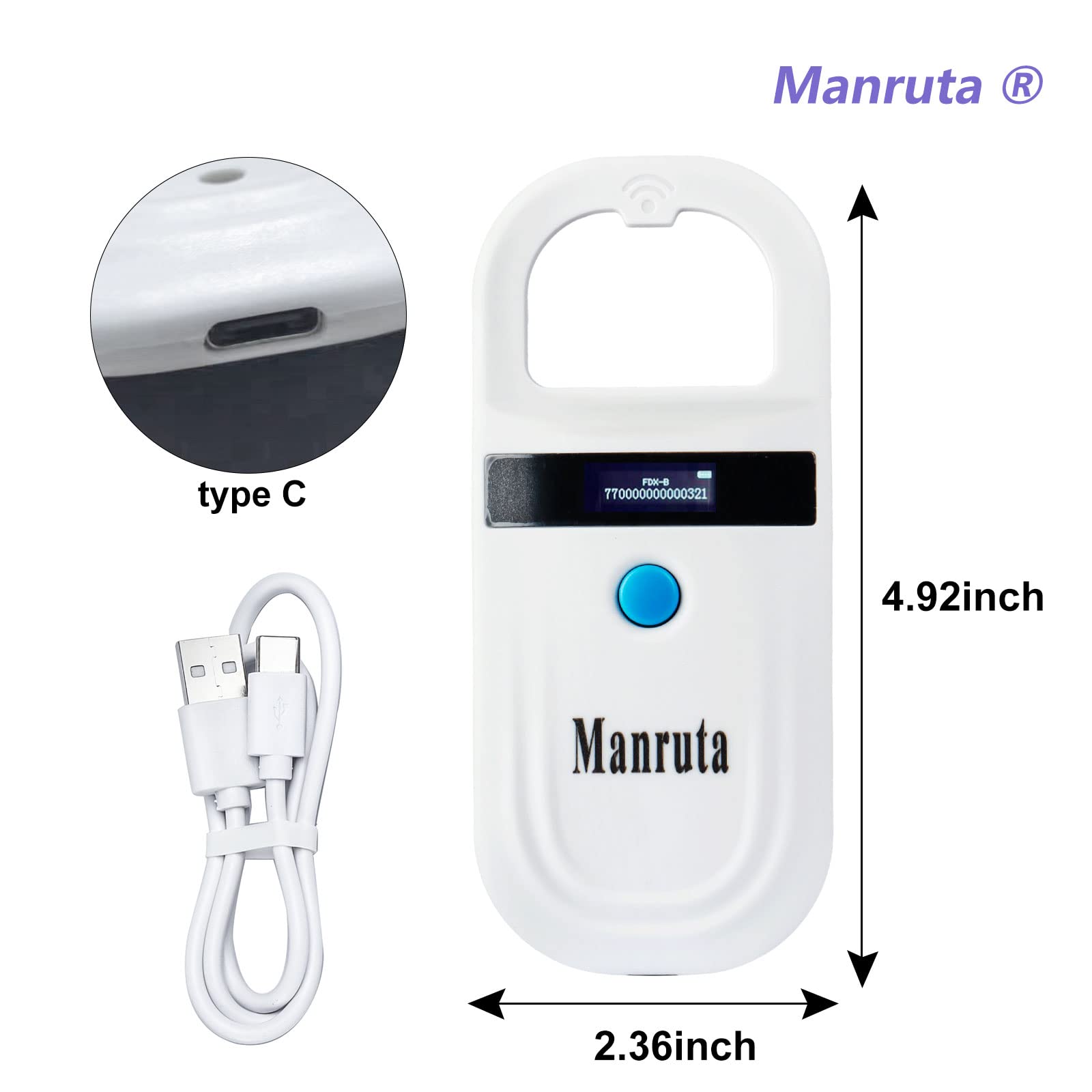 Manruta Pet ID Microchip Scanner and Reader Portable for Dogs and Cats ,134.2khz FDX-B ISO 11784/11785 with Microchip Collar Tag Gift