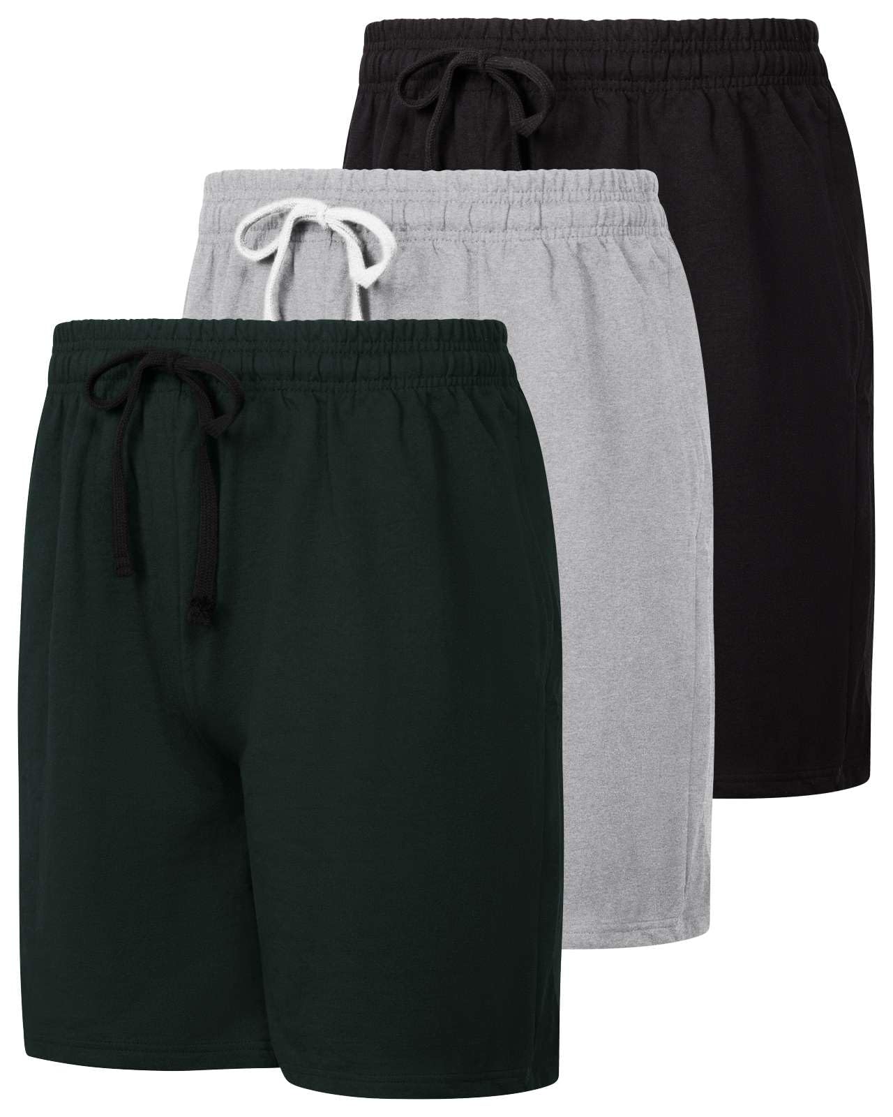 Real Essentials Men's Casual Lounge Shorts Pockets Active Sports Fitness Training Athletic Gym Sweat Workout Knit Soccer Basketball French Terry Cloth Cotton Dry Fit Jersey Sleep, Set 1, M, Pack of 3