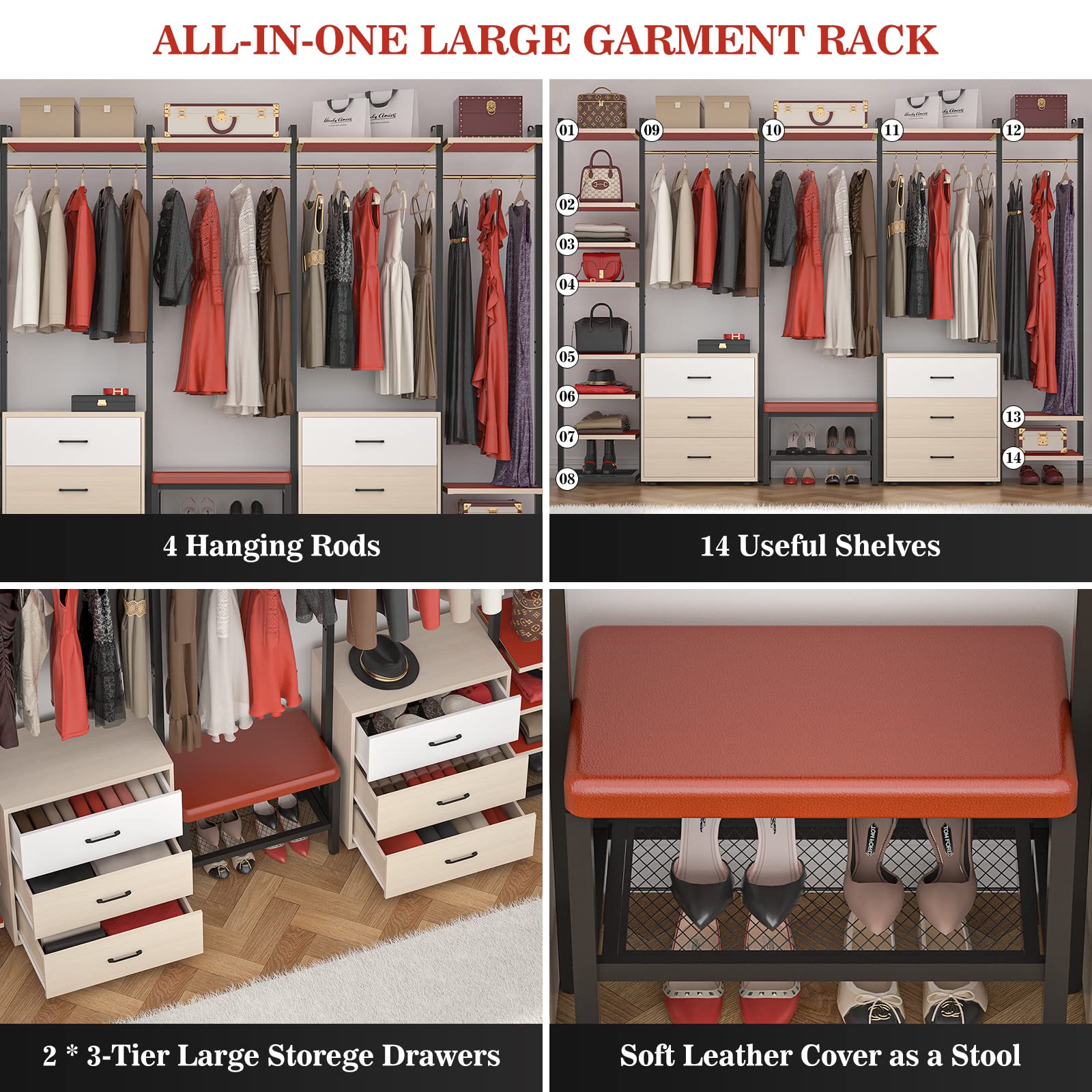 Cyclysio 96'' Heavy Duty Closet System, Large Wooden Garment Rack, Wall Mounted Walk-in Closet, Clothing Rack with Shelves, Closet Organizer System with Stool, 14 Shelves, 6 Drawers, 4 Rods, Black