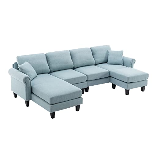 108.66"L Shape Corner Sofa with Ottoman and 2 Pillows U Shaped Long Couch for Living Room Sofa with Chaise Comfortable Modern Mid Century Sectional Sofa for Home Apartment Office (Light Blue)
