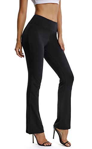 FITTOO Women's Solid Cotton Spandex Boot Cut High Waisted Flare Yoga Pants Workout Casual Trousers Comfortable Flared Leggings Black M