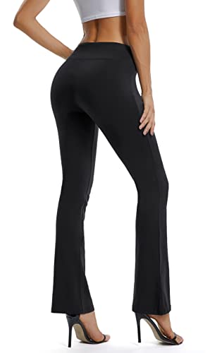 FITTOO Women's Solid Cotton Spandex Boot Cut High Waisted Flare Yoga Pants Workout Casual Trousers Comfortable Flared Leggings Black M