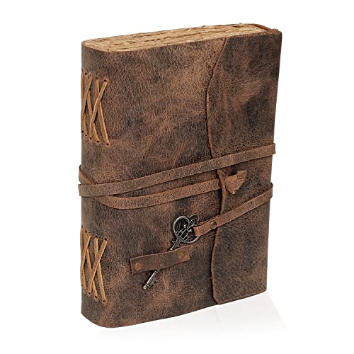 Large Vintage Leather Journal - Antique Handmade Leather Bound journal with deckle edge paper for Men And Women Diary - Leather Sketchbook - Drawing Journal Notebook - Great Gift (Vintage Brown,8"x6")