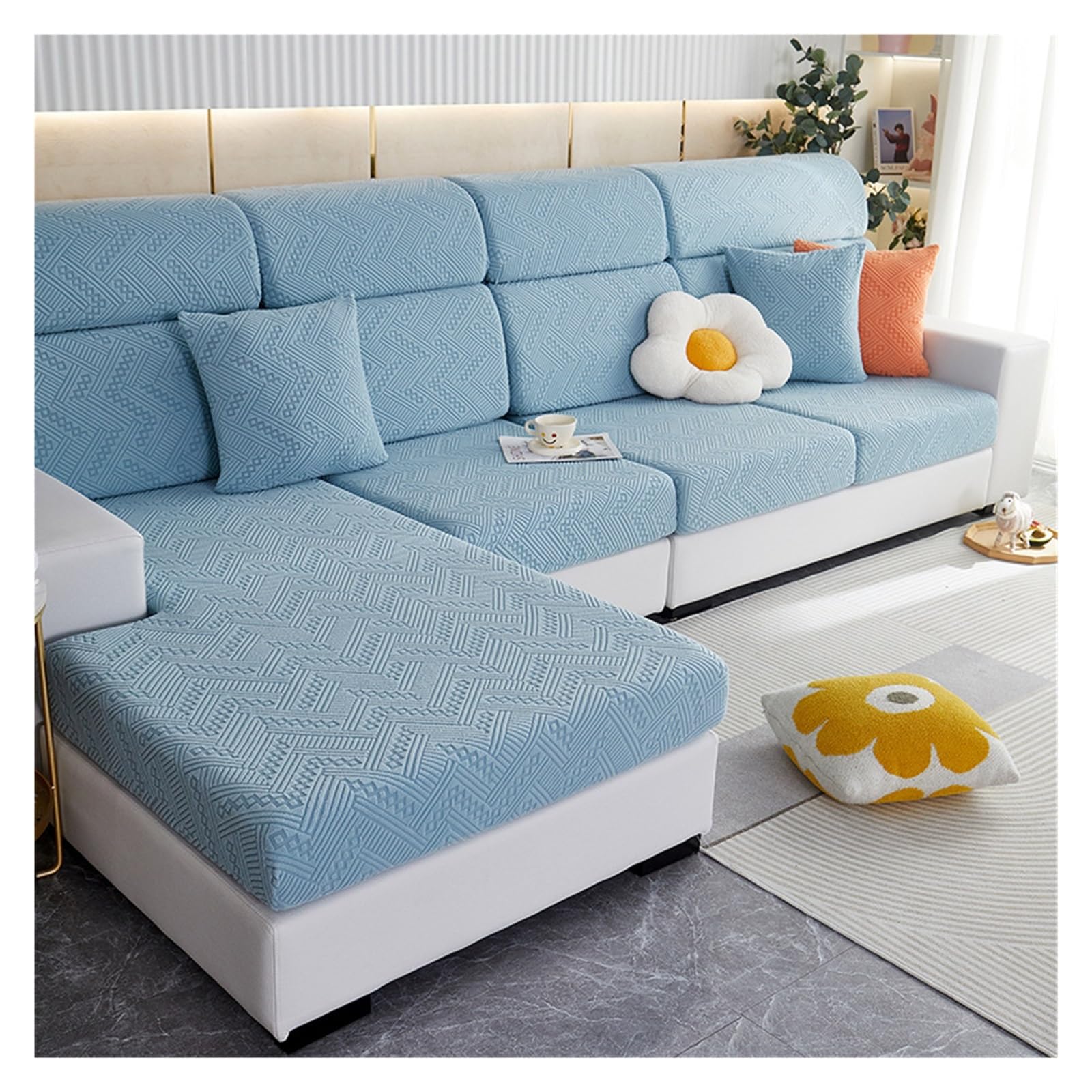 GRFIT Diamond Pattern Stretch Sofa Covers，Separate Cushion Couch Chaise Cover，for L U -Shaped Sofa Chaise Longue，for Leather/Linen Sofa (Color : Light Blue, Size : Single(1pcs))