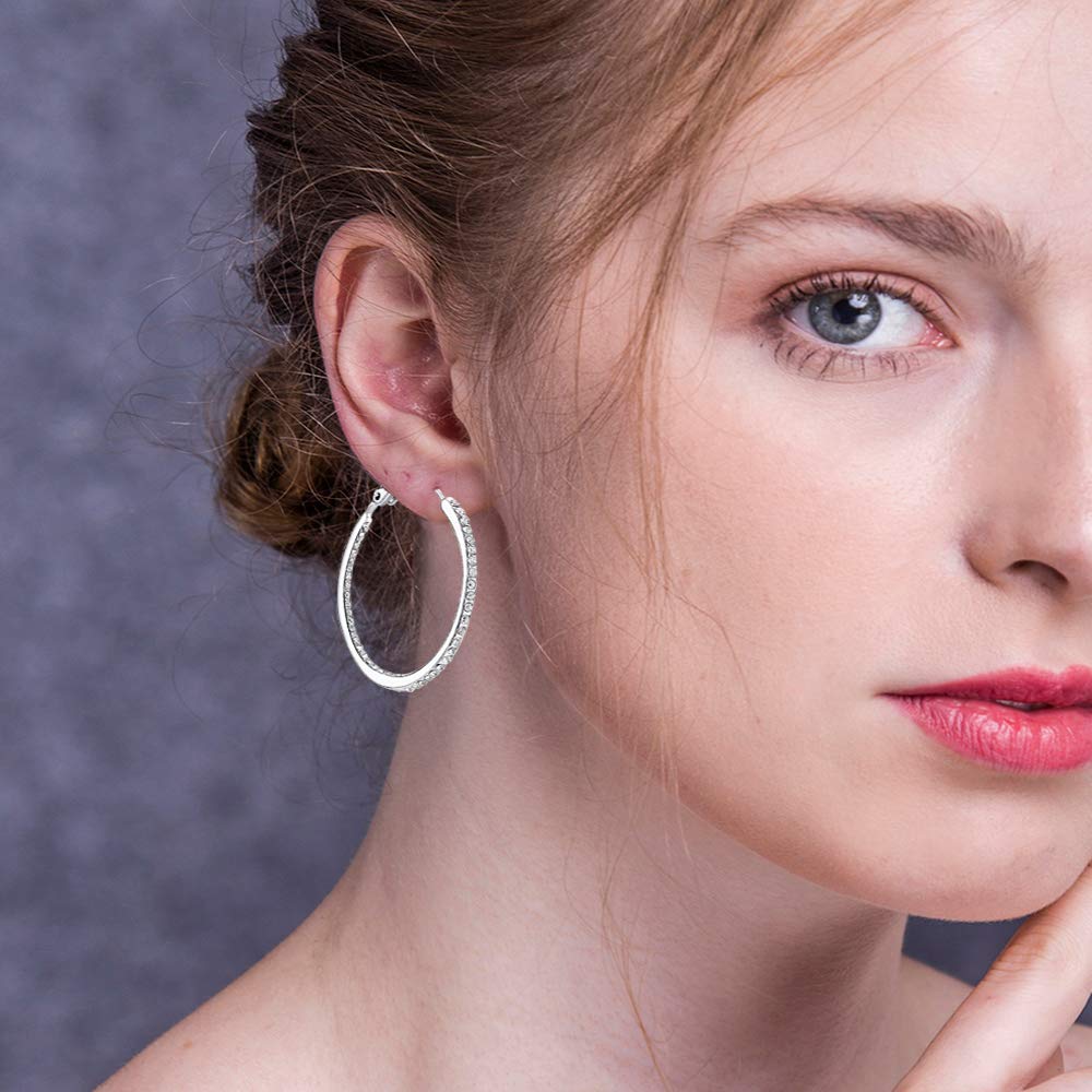 Hoops Earrings, Cubic Zirconia White Gold Plated Hoop Earrings for Women Rhinestone Silver Hoop Earrings