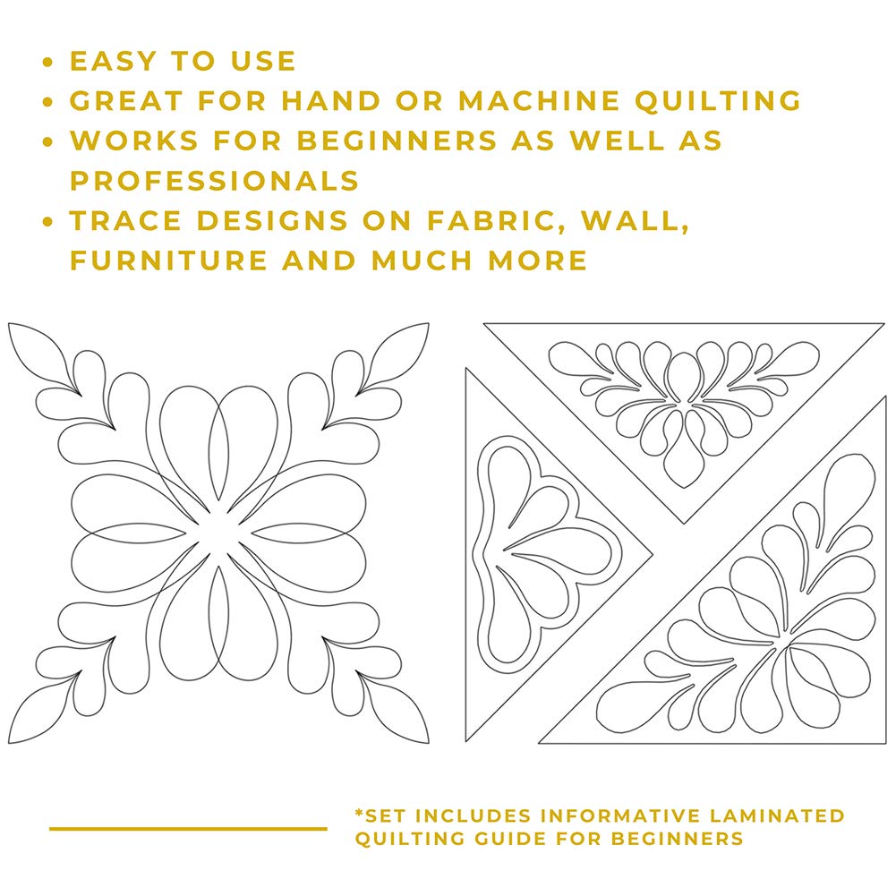 Quilting Stencils for Machine and Hand Quilting - Set of 2 Reusable Feather, Hearts and Triangular Designs Plastic Quilt Stencil for Borders, Background, Block Patterns with Guide