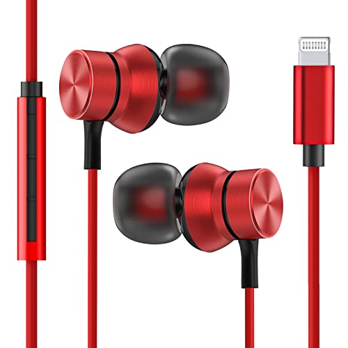 FAPO Lightning Earbuds for iPhone, MFi Certified Wired Earbuds in-Ear Noise Isolation Headphones with Microphone, Headphones for iPhone 13/12/11 Series X/XS/Max/XR iPhone 8/8P/7P(Red)