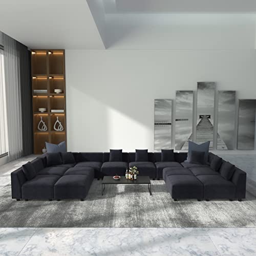 LLappuil Modern Modular Sectional Sofa Set, Low Back Minimalist Style Couch with Ottoman and Chaise Lounge, Soft Fabric 14 Seater Oversized 130.6" Sofa for Living Room, Dark Grey