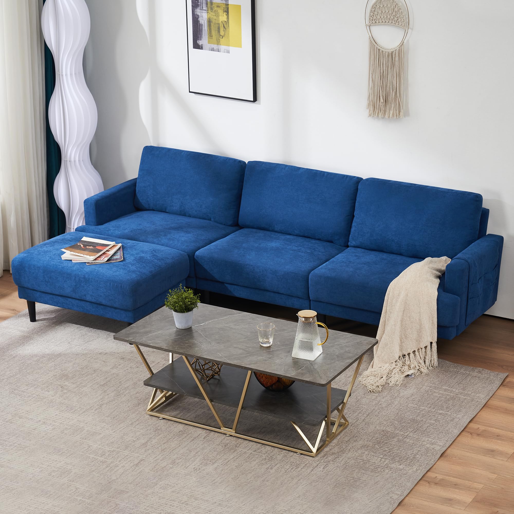 MCombo Convertible Sectional Sofa Couch Modern 3-Seat Couch for Living Room Mid Century Royal Blue Sofa for Bedroom L Shape Couch with Chaise for Bedroom Small Space Apartment 5130