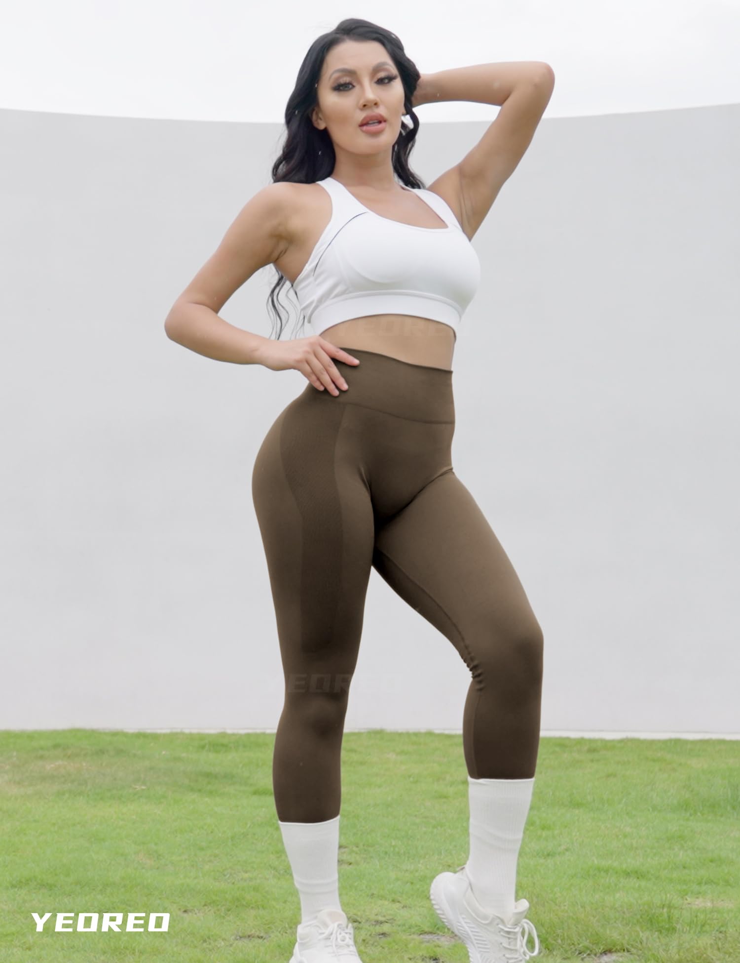 YEOREO Amplify Leggings for Women Seamless Scrunch Leggings Butt Lifting Gym High Waisted Athletic Leggings Coffee