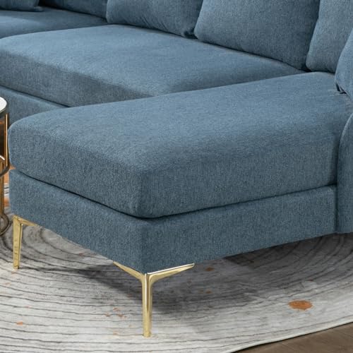 Modern 110'' W U-Shape Sectional Sofa, 4-Seat Sofa Couch with Chaise Lounge and Ottoman, Reversible Left or Right Chaise, Modular Sofa with Golden Metal Legs for Living Room Apartment Office,Blue
