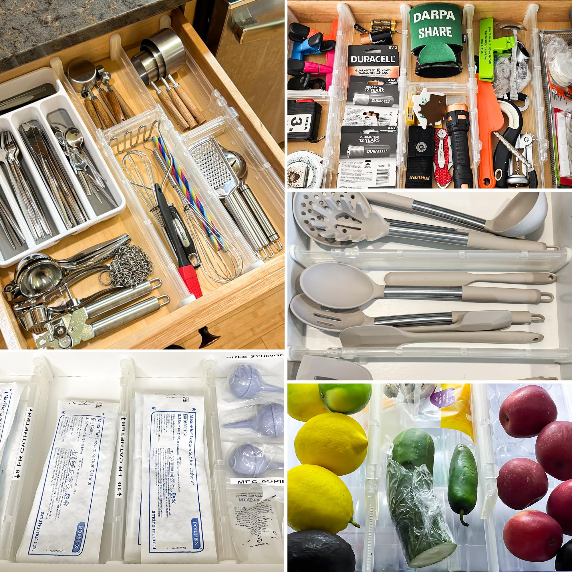 HiYZ Expandable Drawer Dividers with Inserts - 2.36'' High Adjustable Drawer Organizers Separators for Kitchen, Bedroom, Dresser, Office, 5 Long Dividers(12.6-22.8'') with 10 Inserts(3.9-7.1'')-Clear