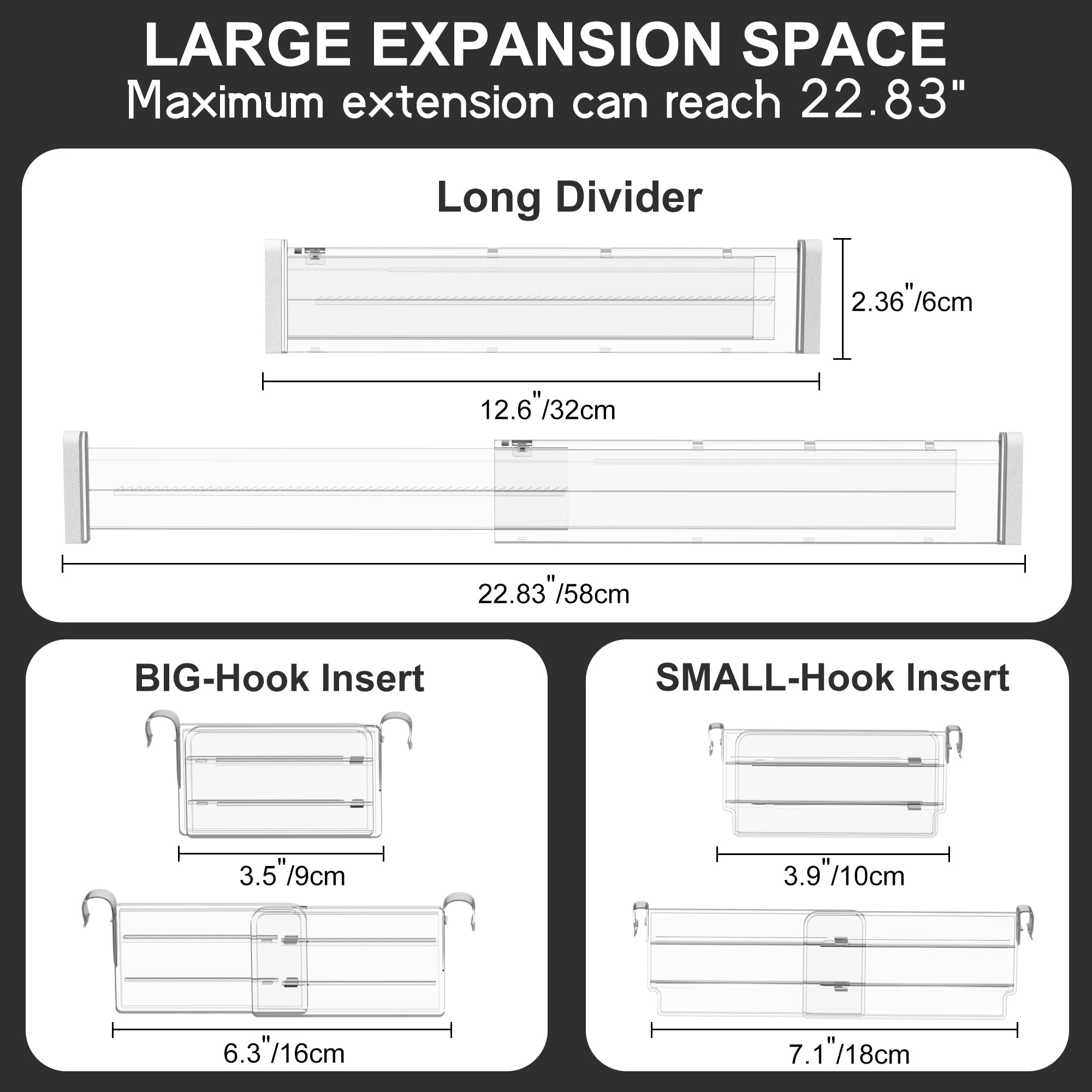 HiYZ Expandable Drawer Dividers with Inserts - 2.36'' High Adjustable Drawer Organizers Separators for Kitchen, Bedroom, Dresser, Office, 5 Long Dividers(12.6-22.8'') with 10 Inserts(3.9-7.1'')-Clear