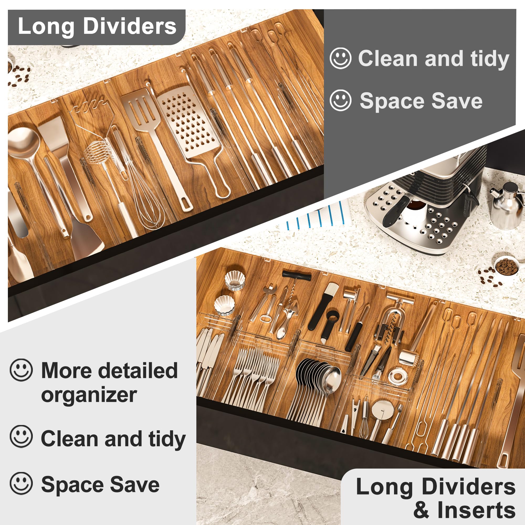 HiYZ Expandable Drawer Dividers with Inserts - 2.36'' High Adjustable Drawer Organizers Separators for Kitchen, Bedroom, Dresser, Office, 5 Long Dividers(12.6-22.8'') with 10 Inserts(3.9-7.1'')-Clear