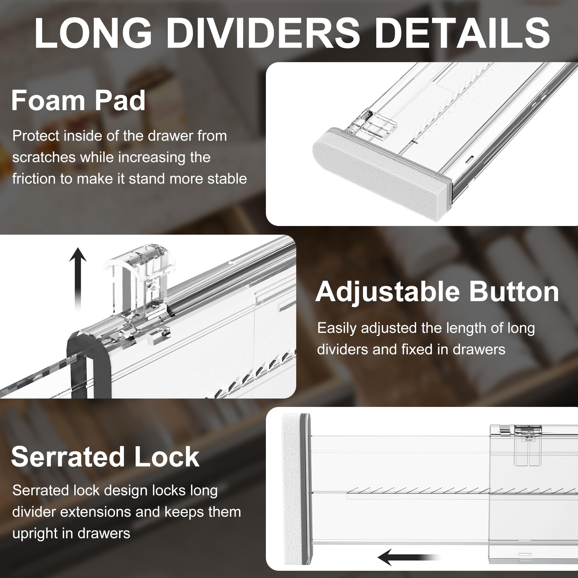 HiYZ Expandable Drawer Dividers with Inserts - 2.36'' High Adjustable Drawer Organizers Separators for Kitchen, Bedroom, Dresser, Office, 5 Long Dividers(12.6-22.8'') with 10 Inserts(3.9-7.1'')-Clear