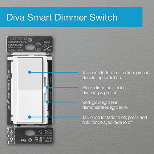 Lutron Diva Smart Dimmer Switch with Wallplate for Caséta Smart Lighting | No Neutral Wire Required | DVRFW-6L-WH-A | White