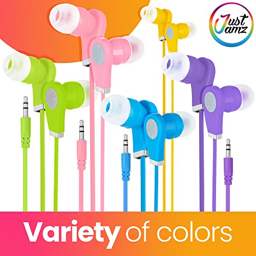 JustJamz Bulk Earbuds Bits, 100 Pack of Colorful in-Ear Earbuds, 3.5mm Stereo in-Ear Earphones, Bulk Earbuds, Disposable Headphones, Multi-Color Earphones for Schools, Kids, Classrooms & Libraries