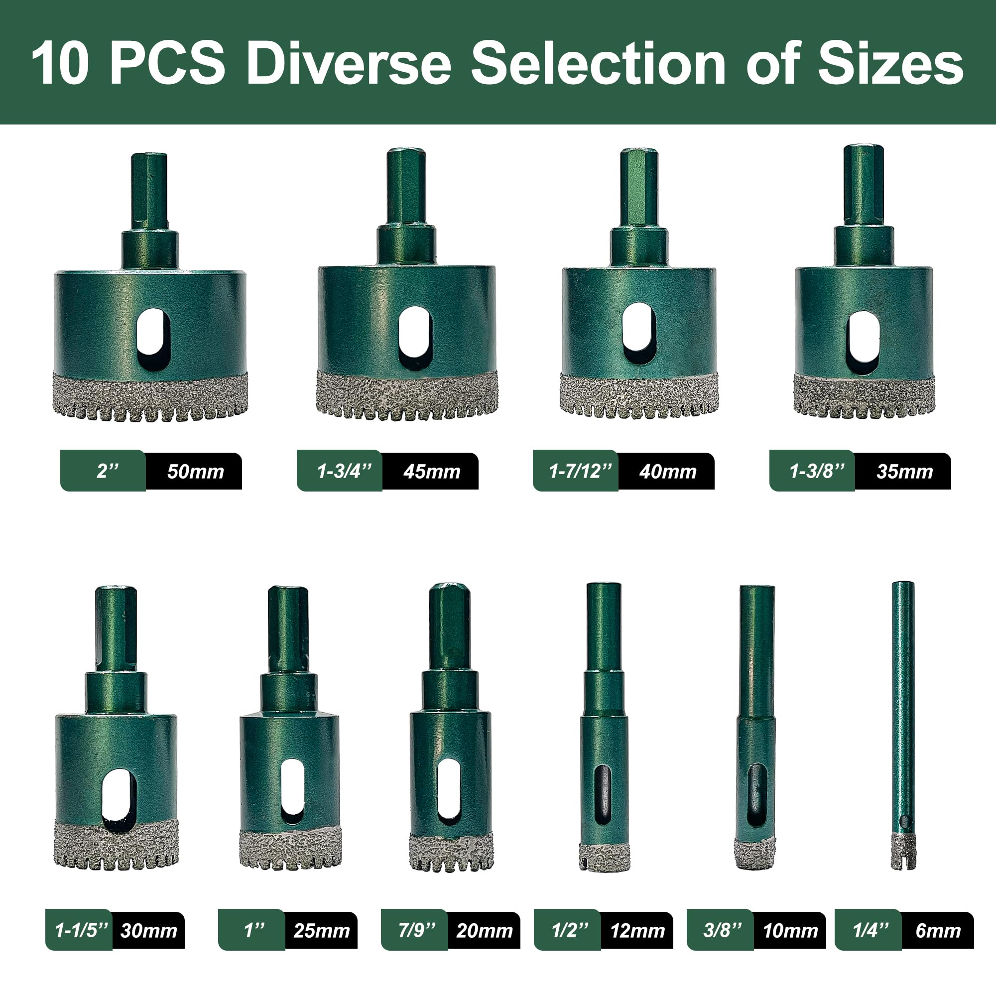 BONSSO Diamond Drill Bits, 10 PCS Hole Saw Kit Serrated Tile Drill Bits with Carrying Tool Box, Diamond Drill Bits for Ceramic, Glass, Marble, Granite and Tile