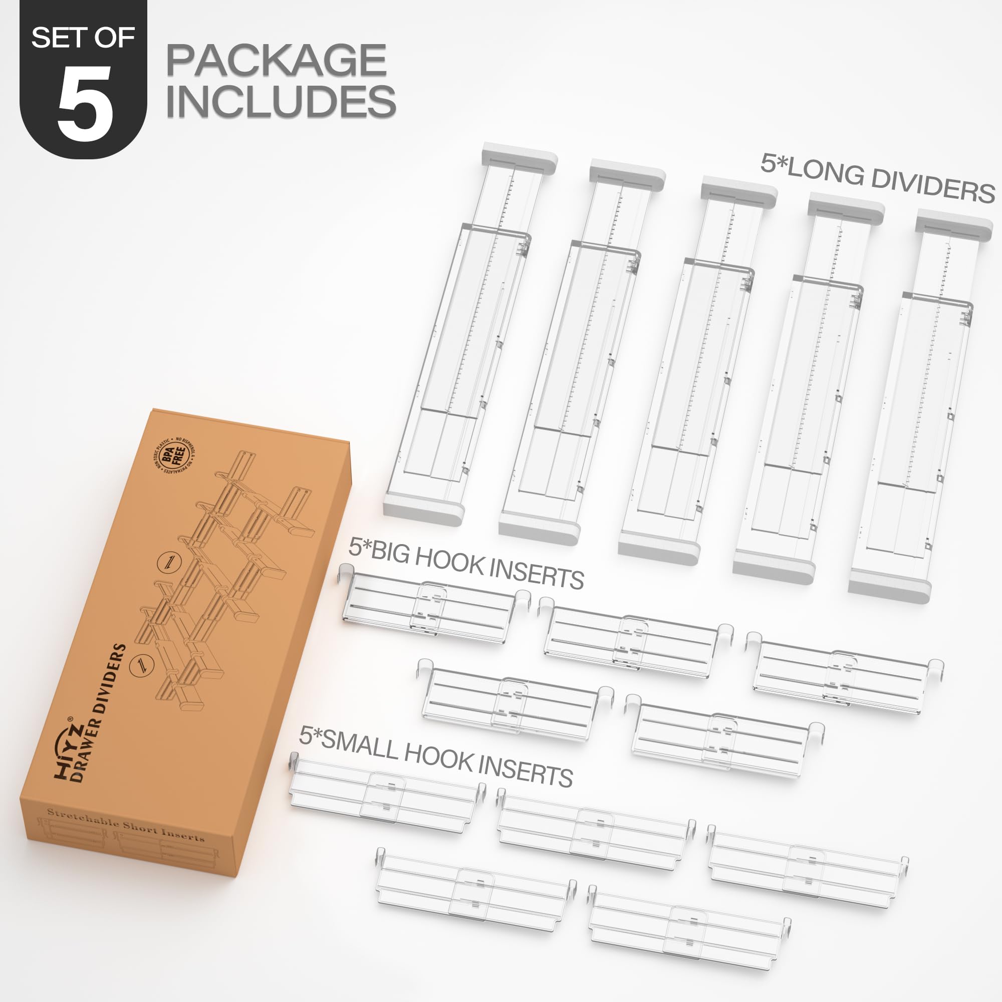 HiYZ Expandable Drawer Dividers with Inserts - 2.36'' High Adjustable Drawer Organizers Separators for Kitchen, Bedroom, Dresser, Office, 5 Long Dividers(12.6-22.8'') with 10 Inserts(3.9-7.1'')-Clear