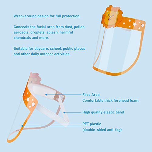 9-Pack Kids' Safety Face Shields Fully Wrap-Around Protection Breathable Covering Clear Visor Cartoon Animals Reusable Lightweight High-Transparency Elastic Headband Pad Comfortable Fit for Boys Girls