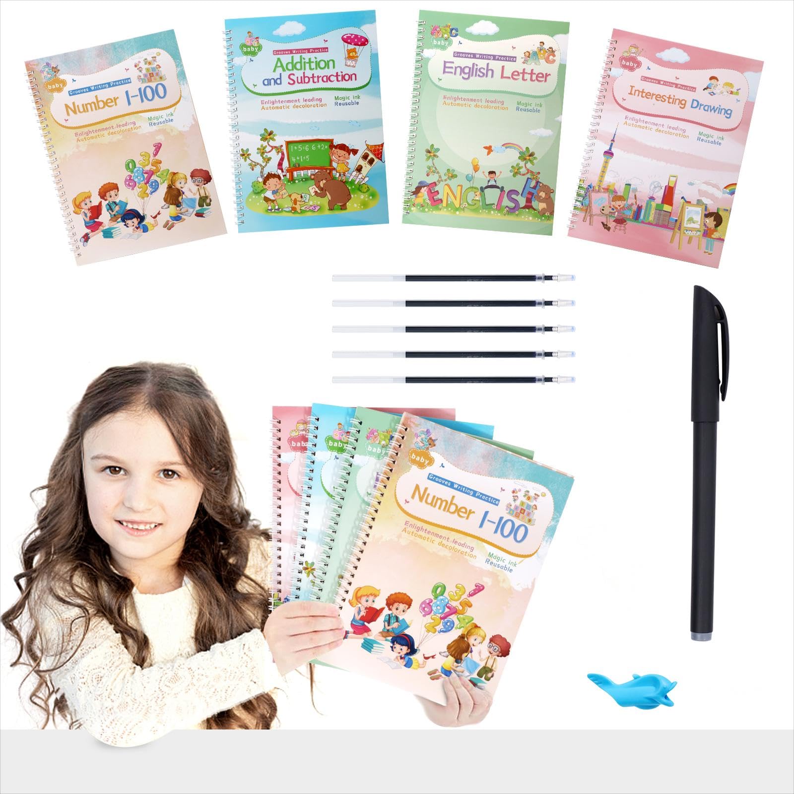 Magic Ink Copybooks for Kids Reusable Handwriting Workbooks for Preschools Grooves Template Design and Handwriting Aid Magic Practice Copybook for Kids The Print Writing (4 Books with Pens)
